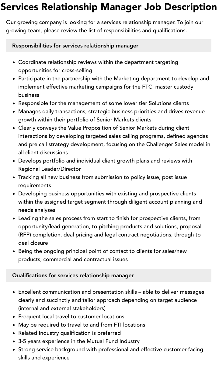 Services Relationship Manager Job Description Velvet Jobs