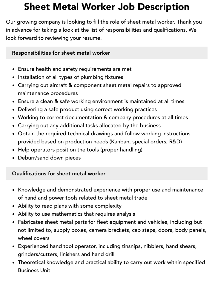 Sheet Metal Worker Job Description Velvet Jobs