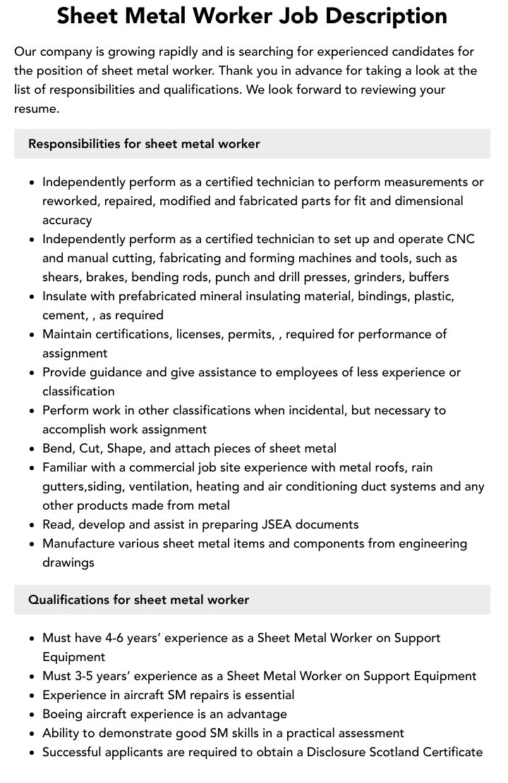 Sheet Metal Worker Job Description Velvet Jobs