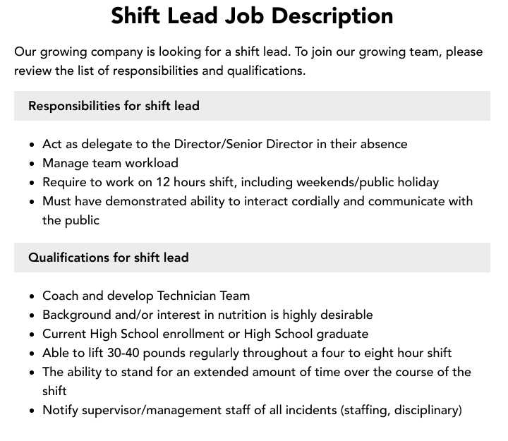 Shift Lead Job Description Velvet Jobs