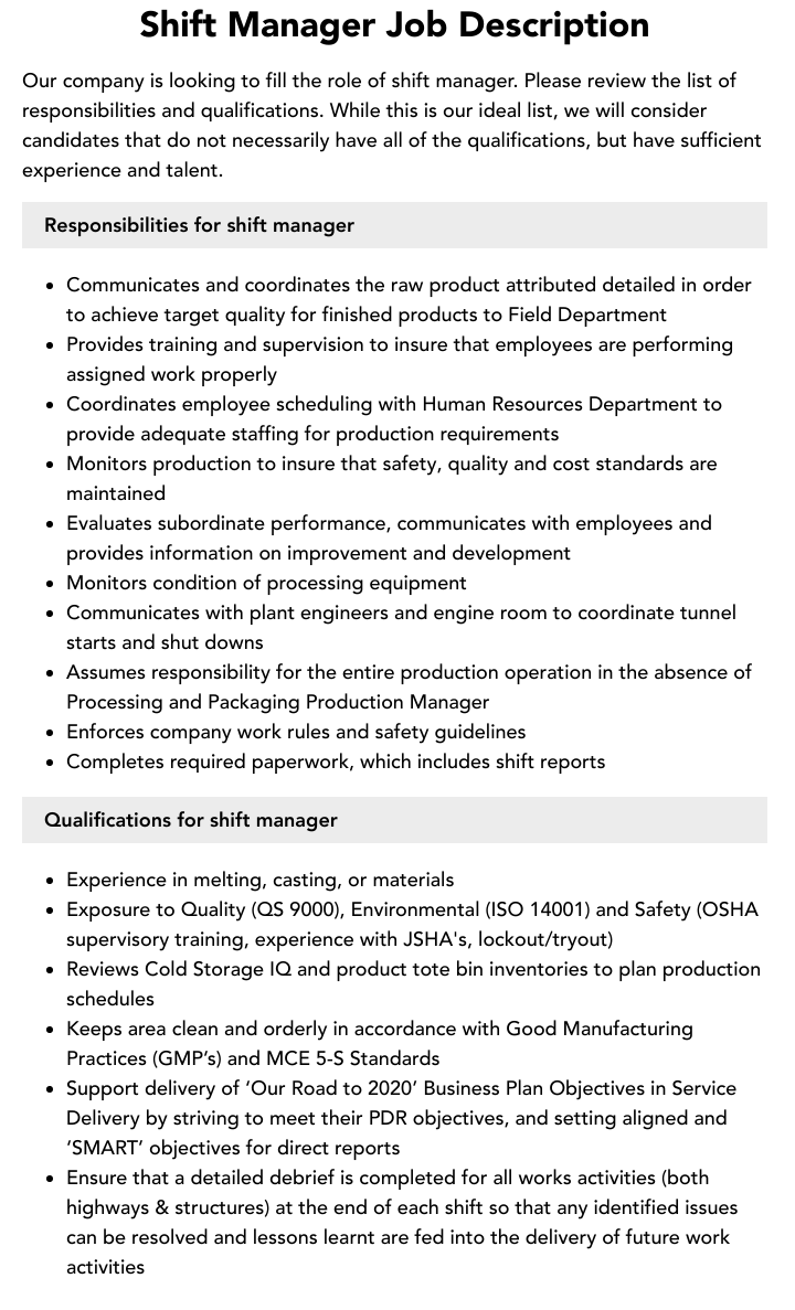 Shift Manager Job Description Velvet Jobs