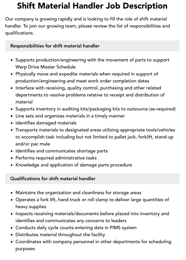 Shift Material Handler Job Description Velvet Jobs