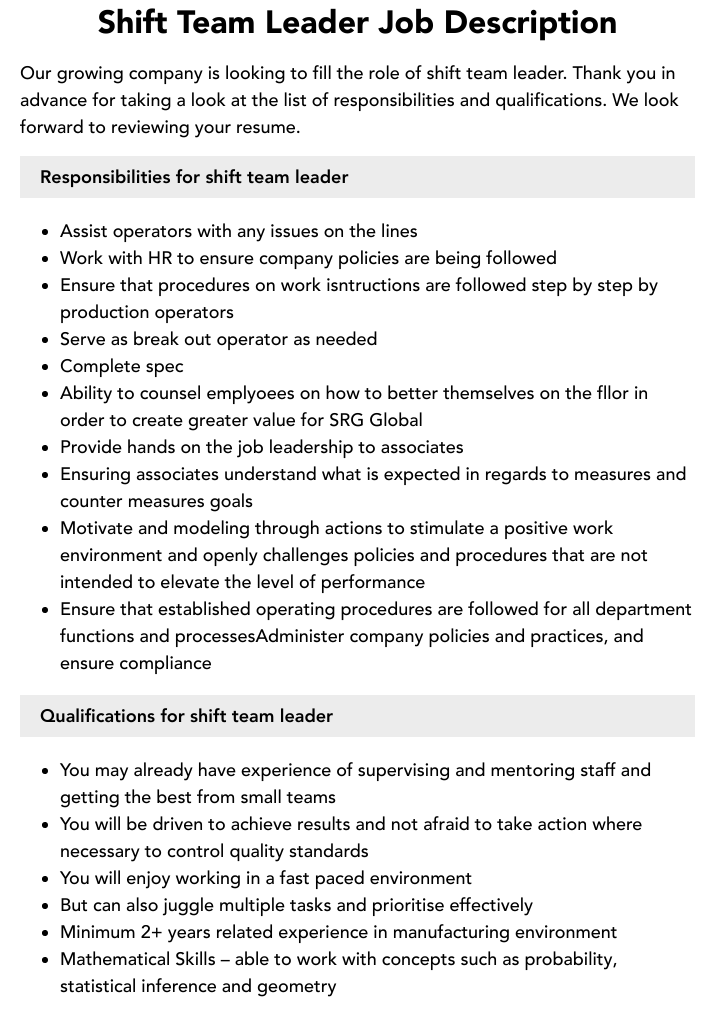 Shift Team Leader Job Description Velvet Jobs