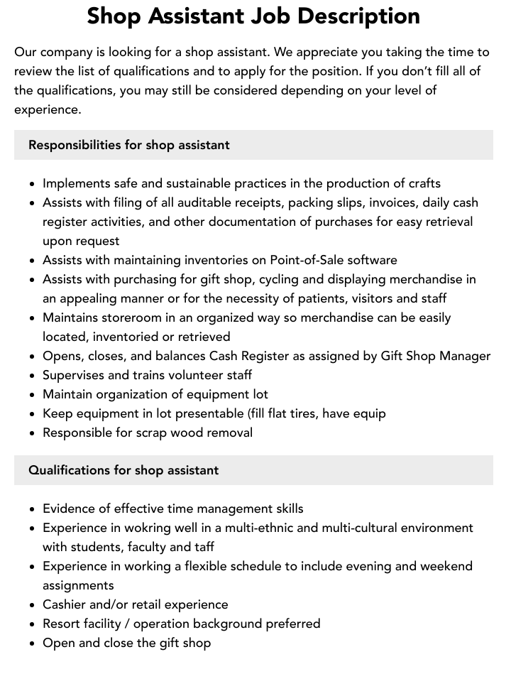 Shop Assistant Job Description Velvet Jobs