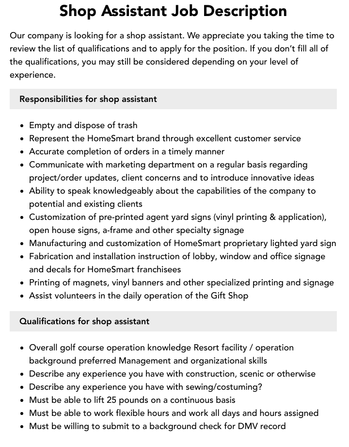 Shop Assistant Job Description Velvet Jobs