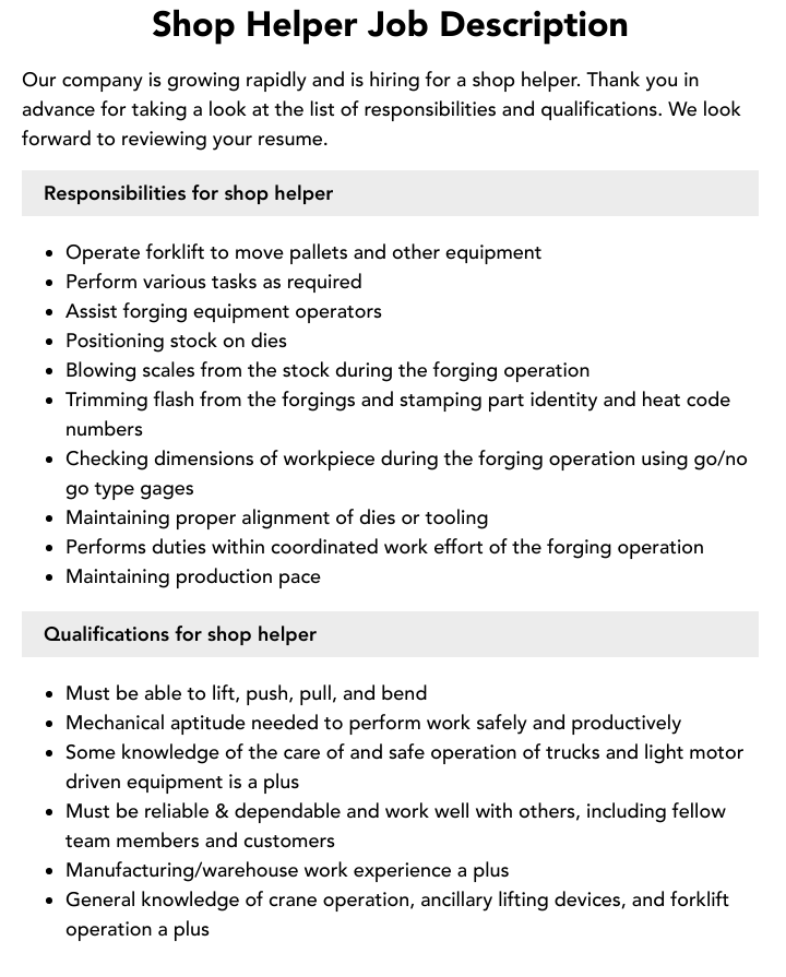 Shop Helper Job Description Velvet Jobs Shop Helper Job Description Velvet Jobs