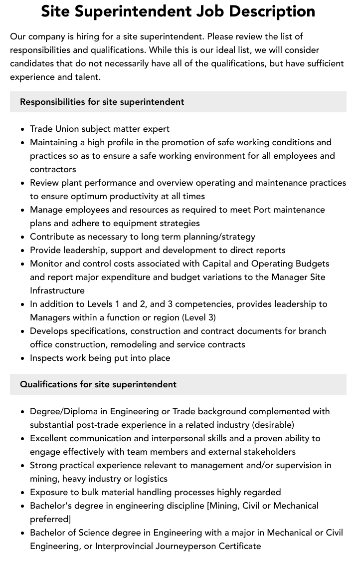 Site Superintendent Job Description Velvet Jobs