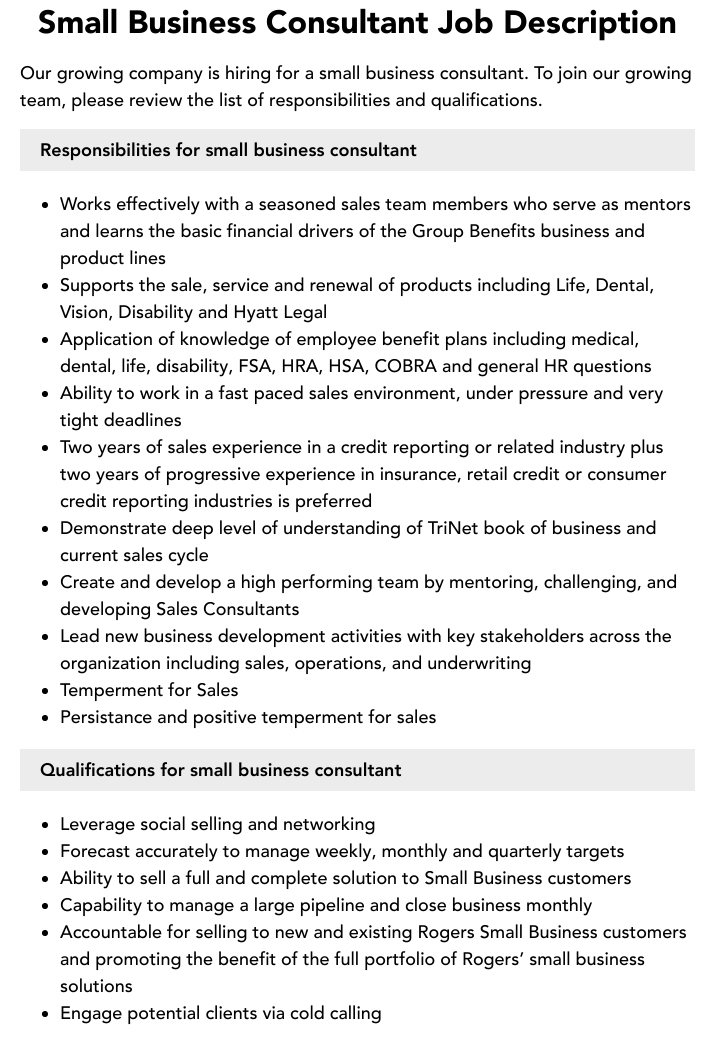 Small Business Consultant Job Description Velvet Jobs