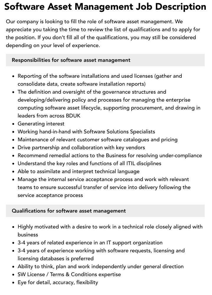 Software Asset Management Job Description Velvet Jobs Software Asset Management Job Description Velvet Jobs