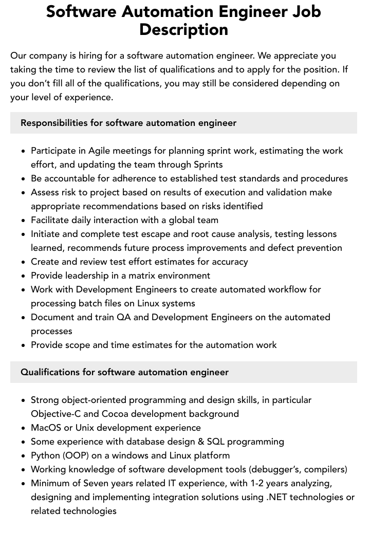 Software Automation Engineer Job Description Velvet Jobs