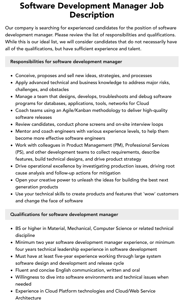 Software Development Manager Job Description Velvet Jobs