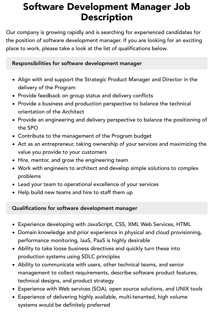 Software Development Manager Job Description Velvet Jobs
