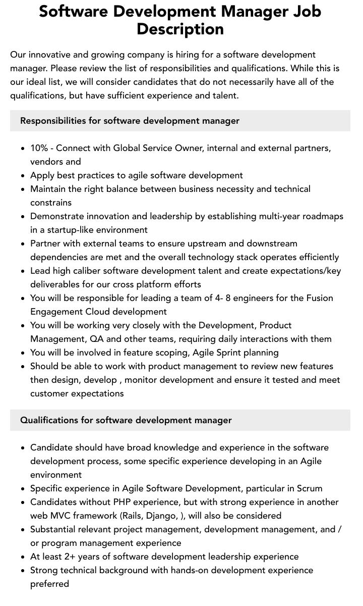 Software Development Manager Job Description Velvet Jobs