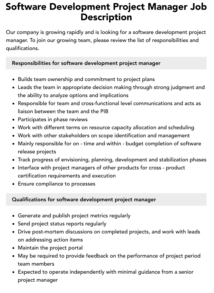 Software Development Project Manager Job Description Velvet Jobs