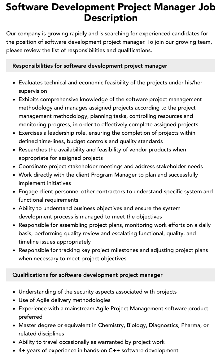Software Development Project Manager Job Description Velvet Jobs