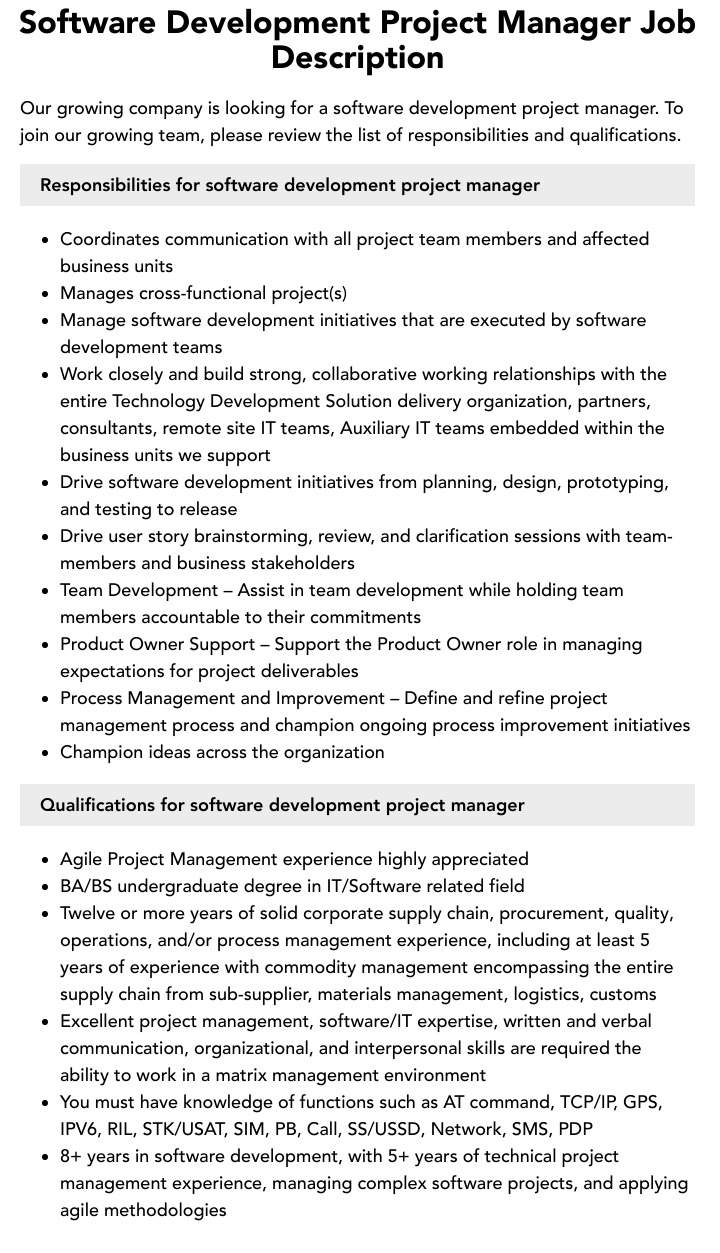 Software Development Project Manager Job Description Velvet Jobs