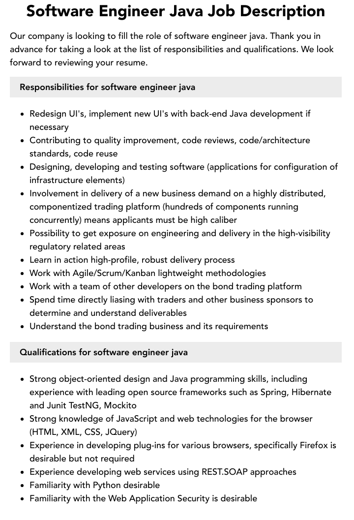 Software Engineer Java Job Description Velvet Jobs
