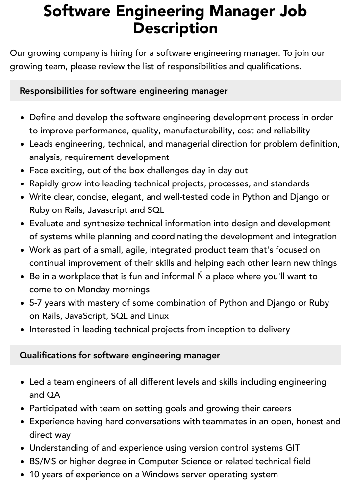 Software Engineering Manager Job Description Velvet Jobs