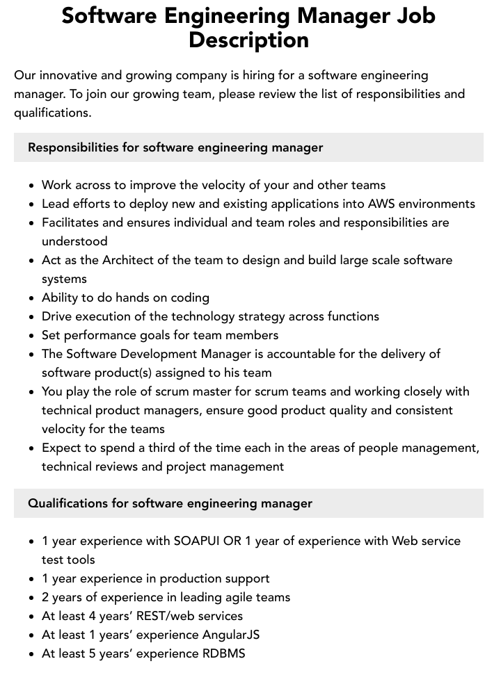 Software Engineering Manager Job Description Velvet Jobs