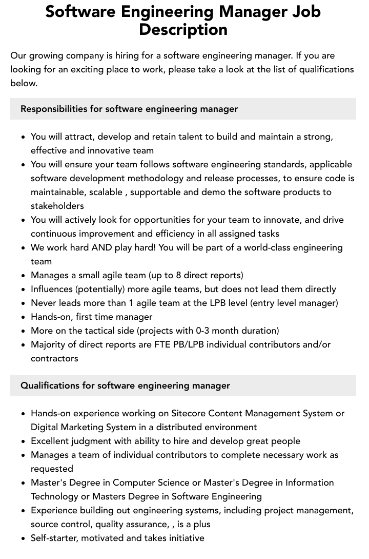 Software Engineering Manager Job Description Velvet Jobs