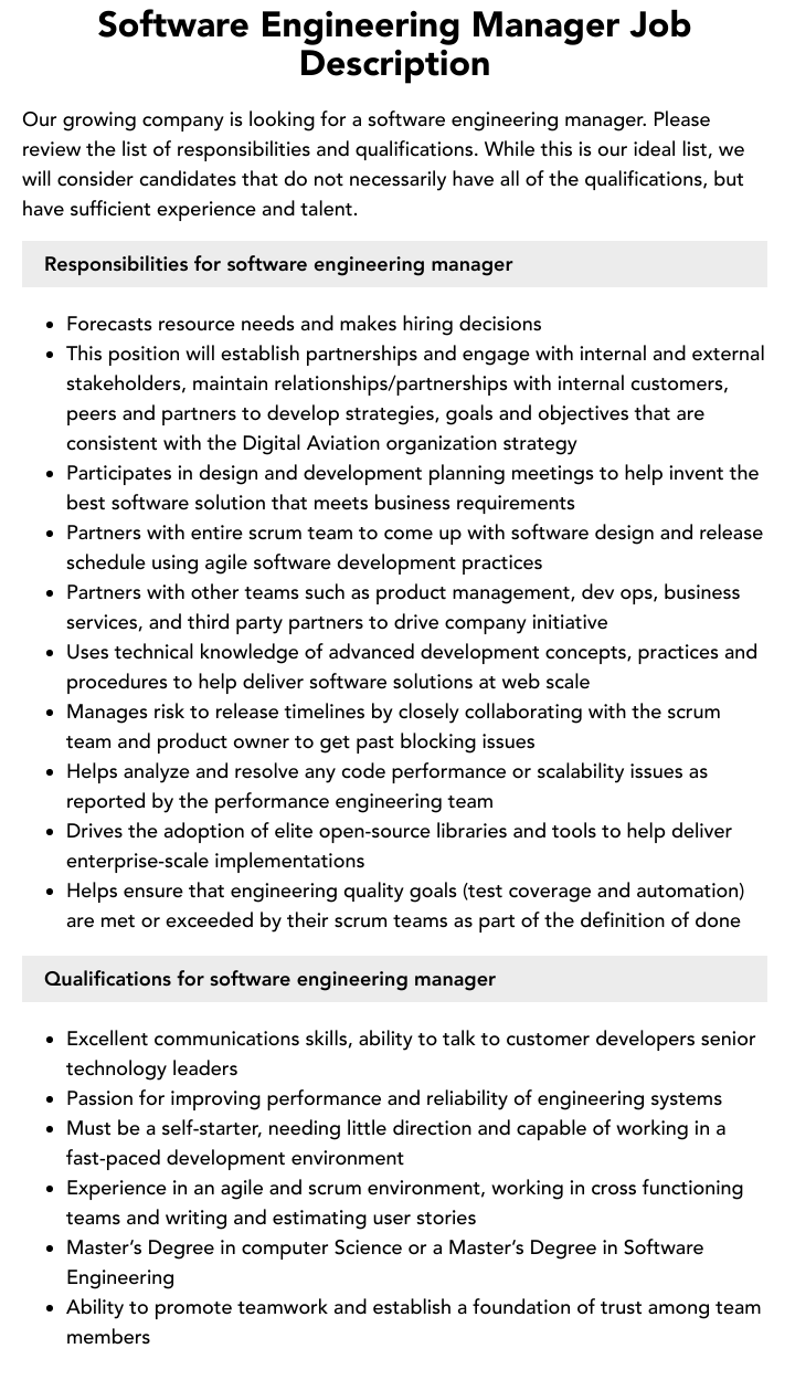 Software Engineering Manager Job Description Velvet Jobs