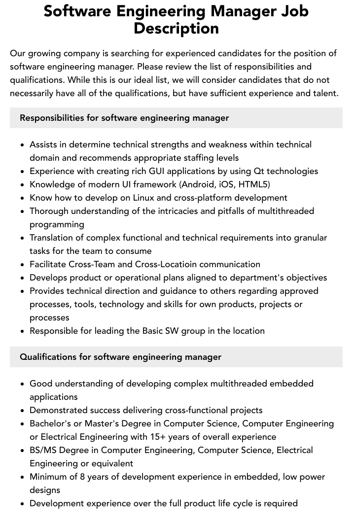 Software Engineering Manager Job Description Velvet Jobs
