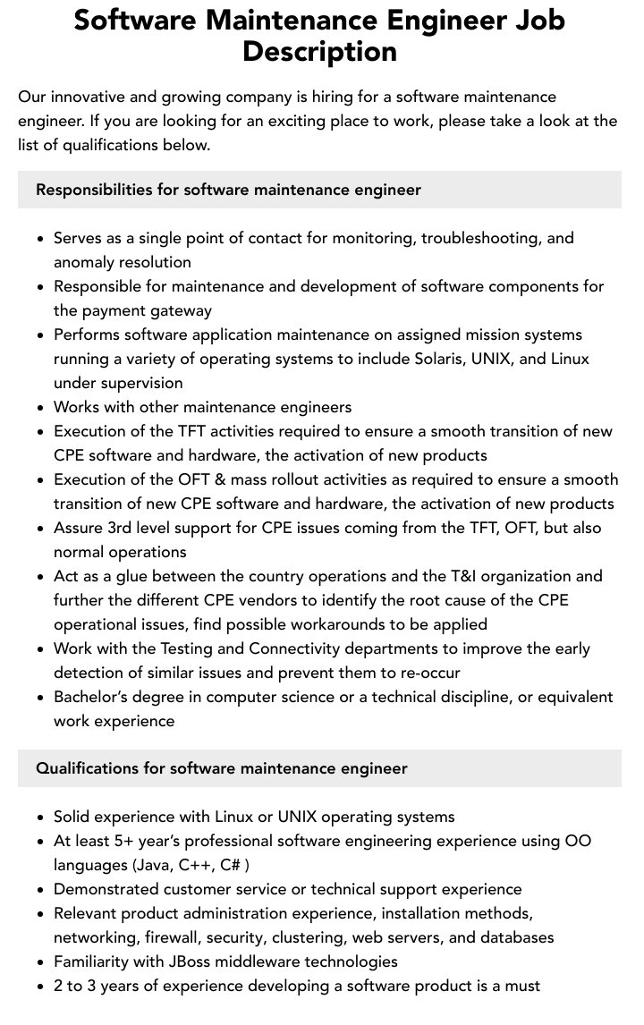 Software Maintenance Engineer Job Description Velvet Jobs