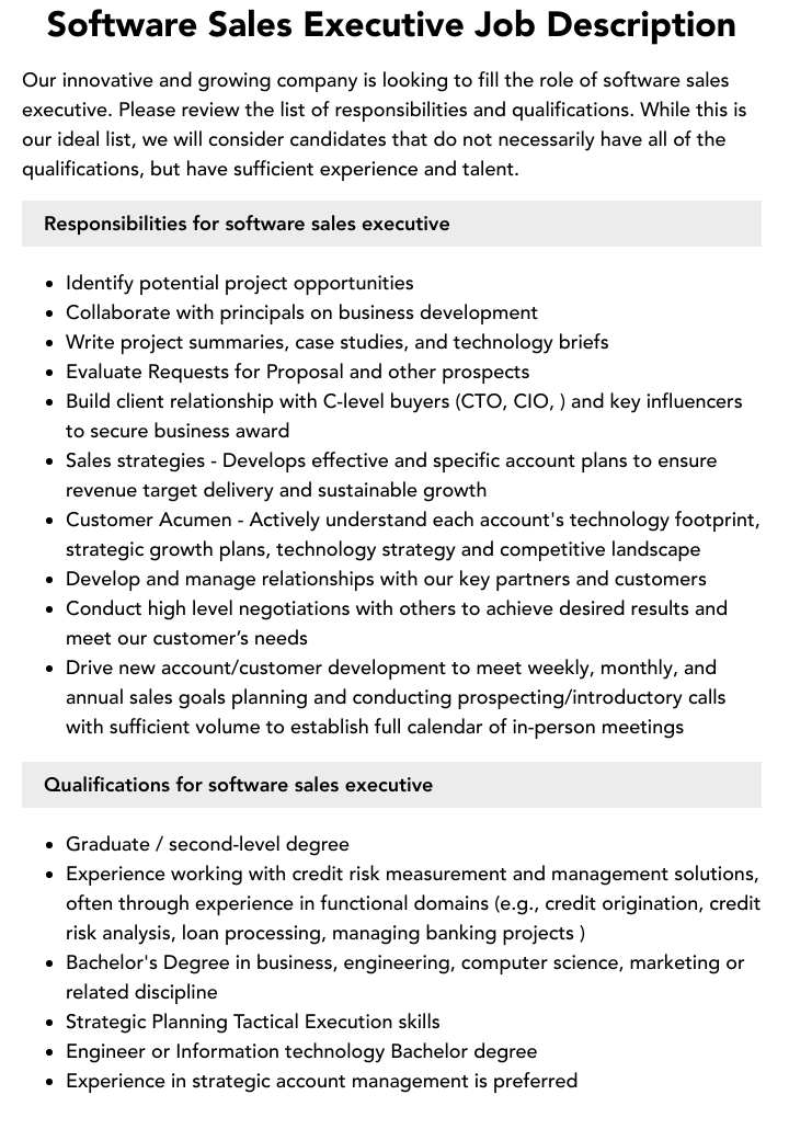 Software Sales Executive Job Description Velvet Jobs