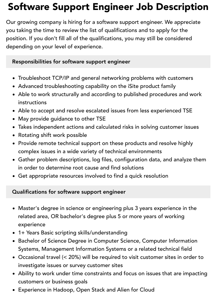 Software Support Engineer Job Description Velvet Jobs