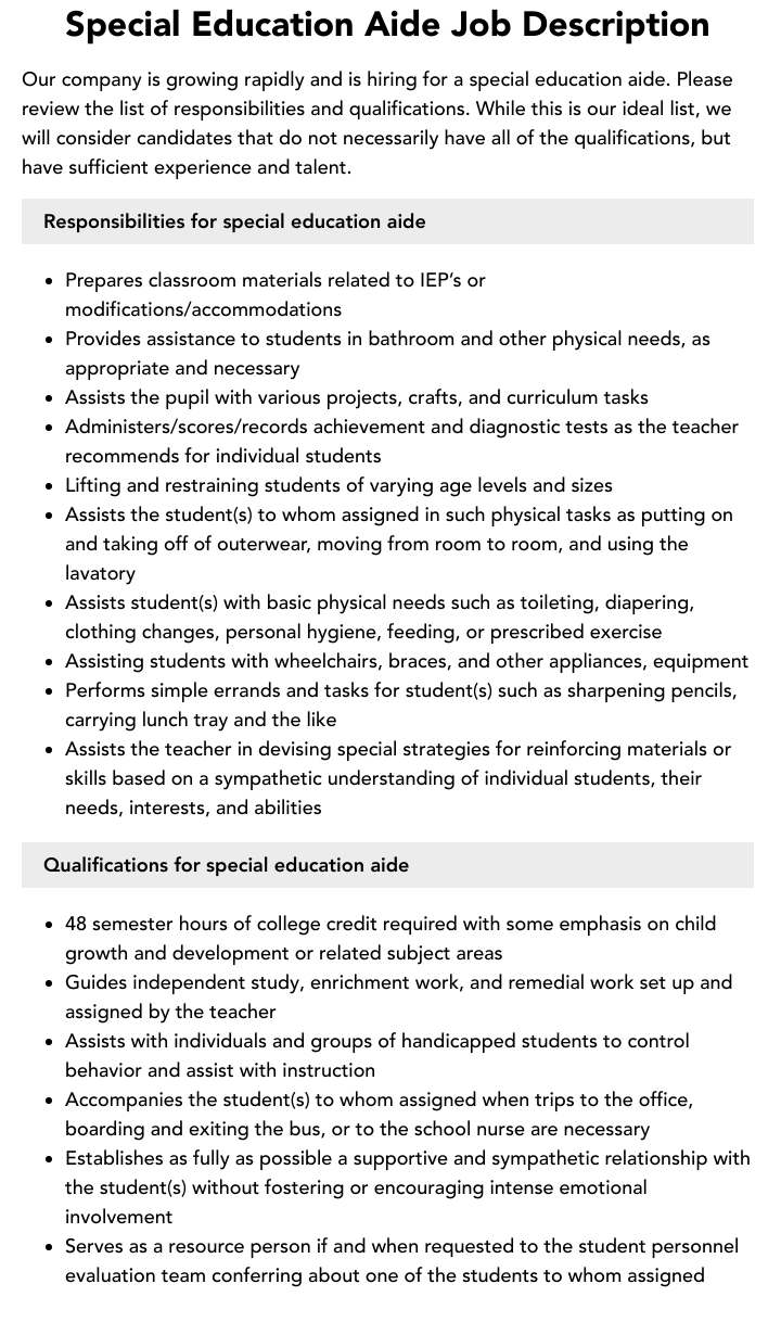 Special Education Aide Job Description Velvet Jobs