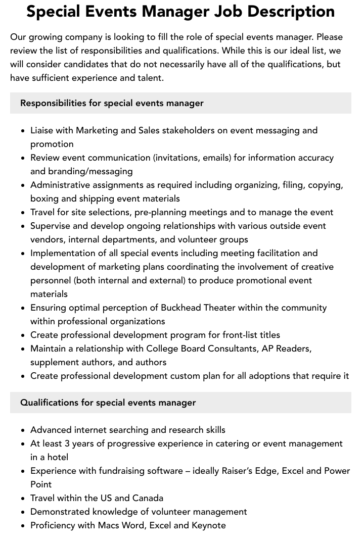 Special Events Manager Job Description Velvet Jobs