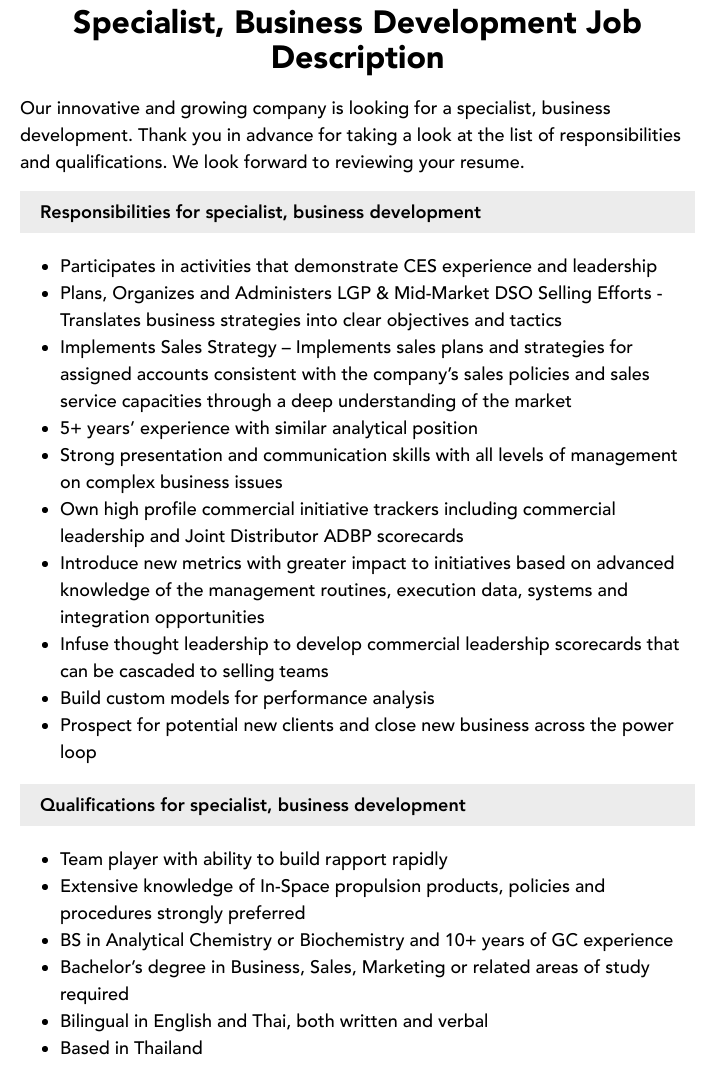 Specialist Business Development Job Description Velvet Jobs