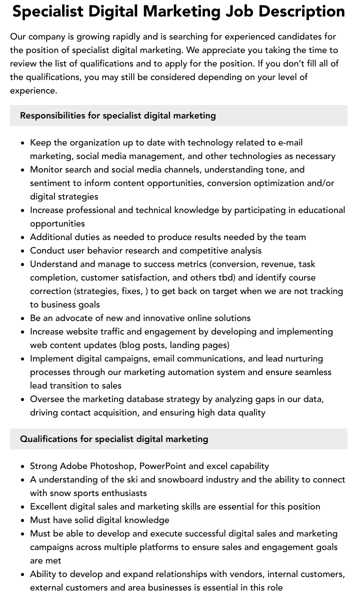 Specialist Digital Marketing Job Description Velvet Jobs