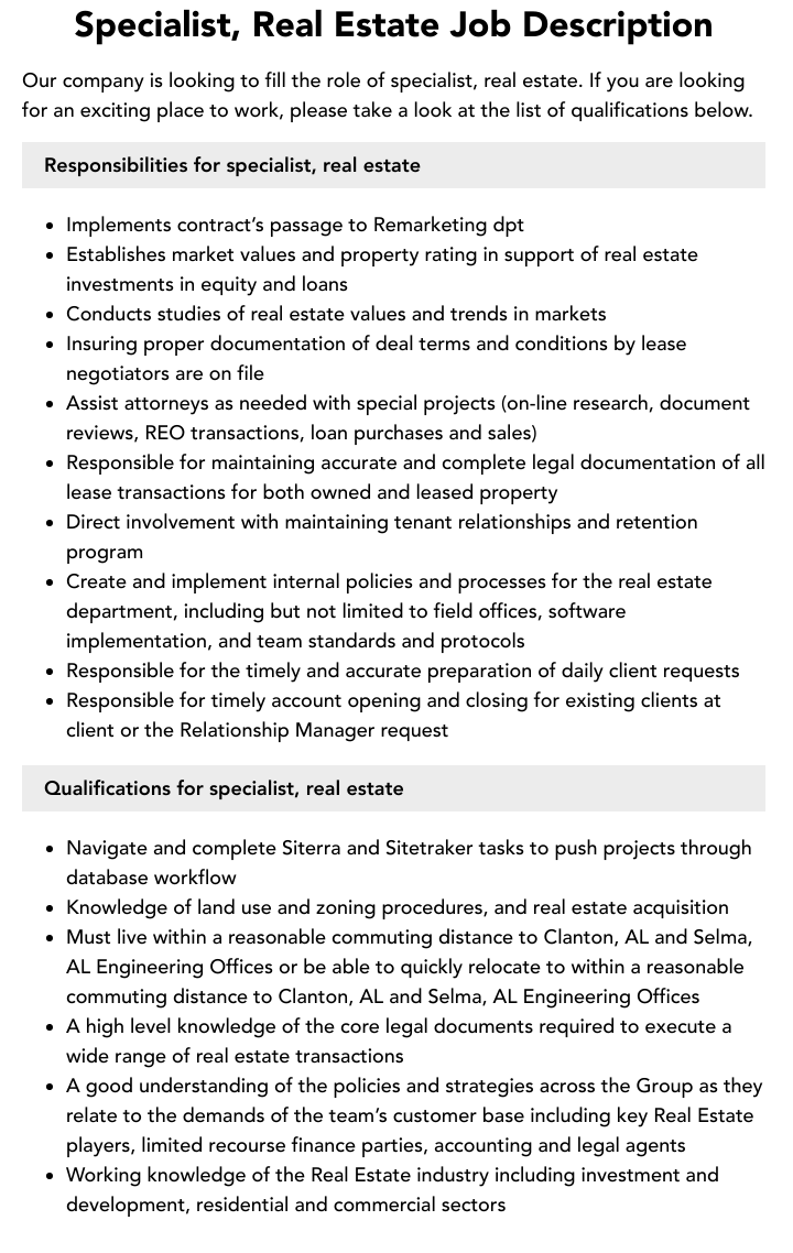 Specialist Real Estate Job Description Velvet Jobs Specialist Real Estate Job Description Velvet Jobs