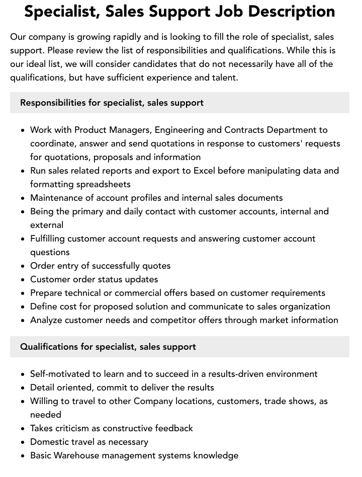 Specialist Sales Support Job Description Velvet Jobs