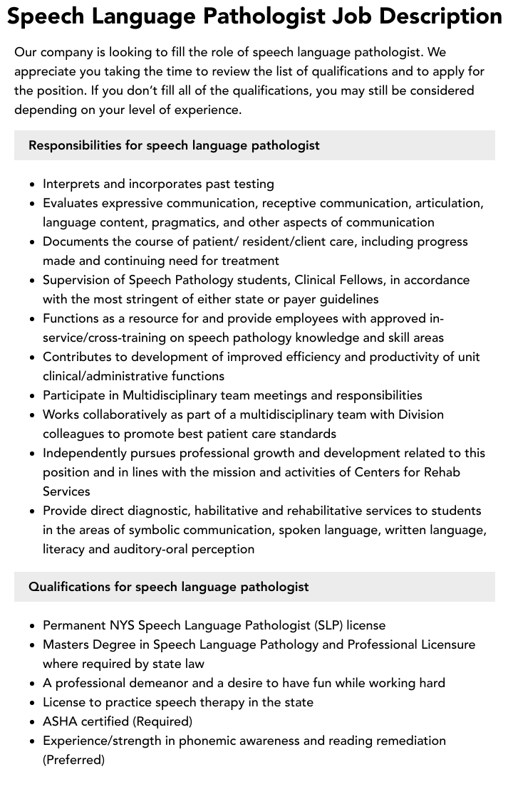 Speech Language Pathologist Job Description Velvet Jobs Speech Language Pathologist Job Description Velvet Jobs