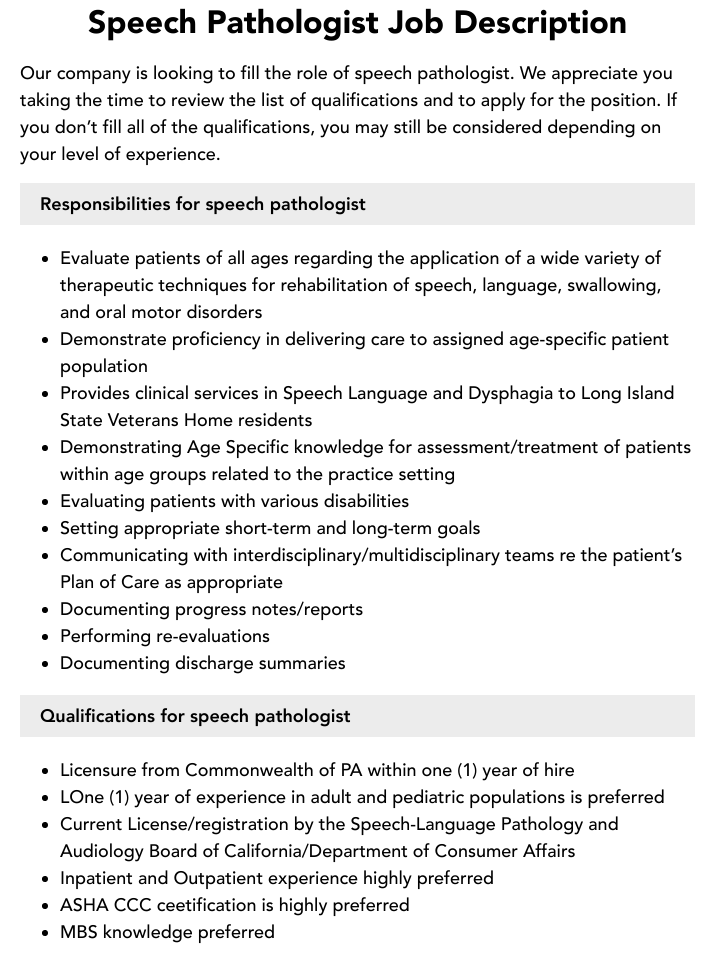 Speech Pathologist Job Description Velvet Jobs Speech Pathologist Job Description Velvet Jobs
