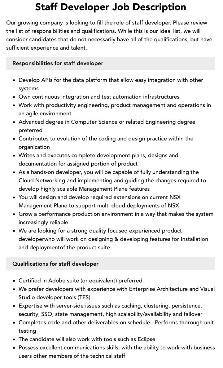 Staff Developer Job Description Velvet Jobs