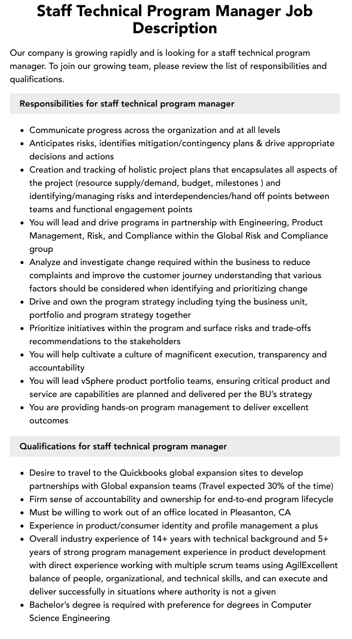 Staff Technical Program Manager Job Description Velvet Jobs