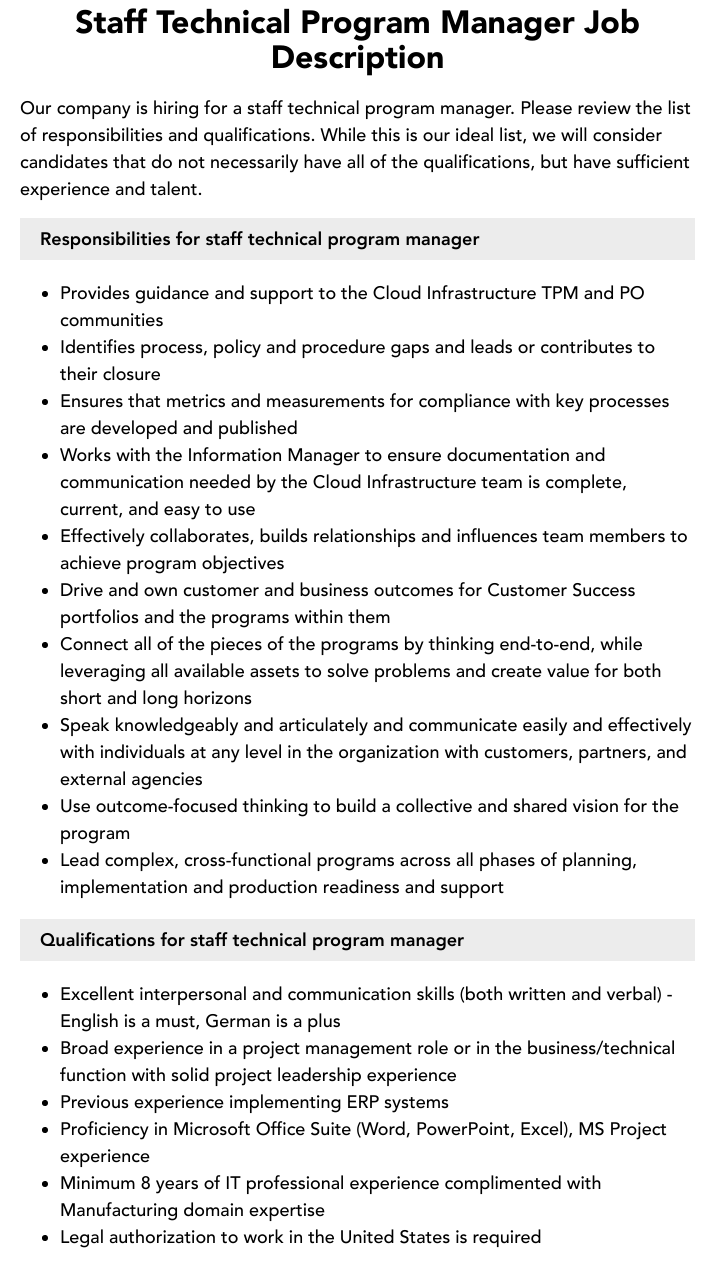 Staff Technical Program Manager Job Description Velvet Jobs