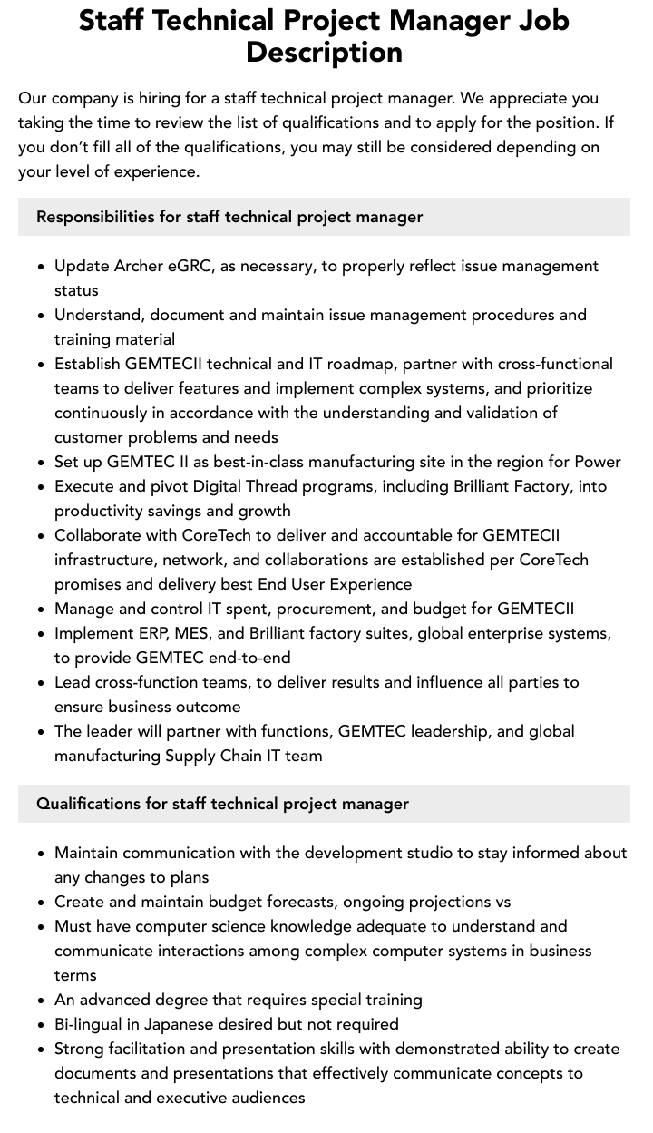 Staff Technical Project Manager Job Description Velvet Jobs