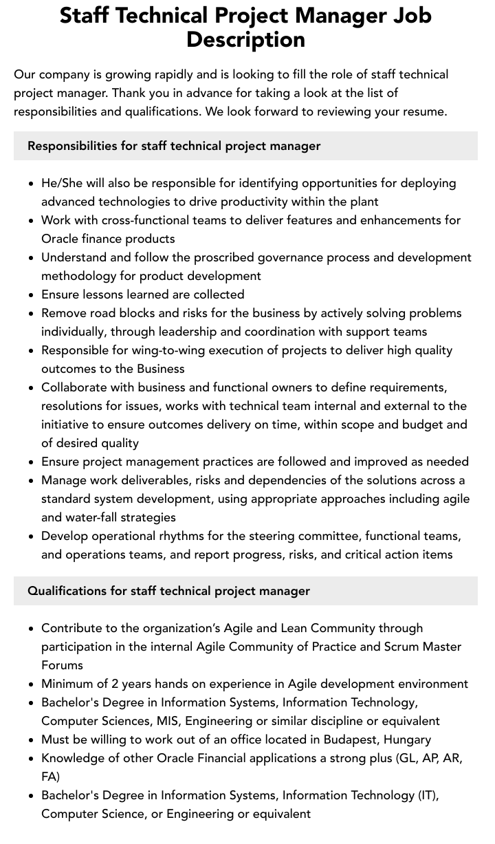 Staff Technical Project Manager Job Description Velvet Jobs