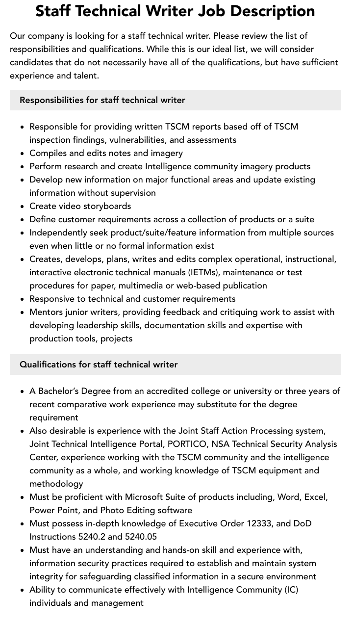 Staff Technical Writer Job Description Velvet Jobs