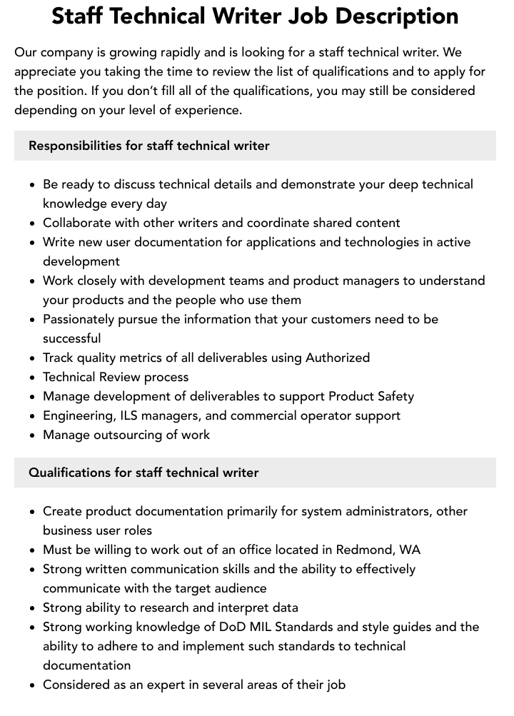 Staff Technical Writer Job Description Velvet Jobs