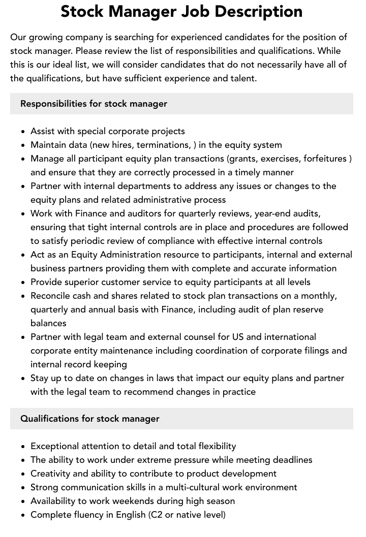 Stock Manager Job Description Velvet Jobs Stock Manager Job Description Velvet Jobs