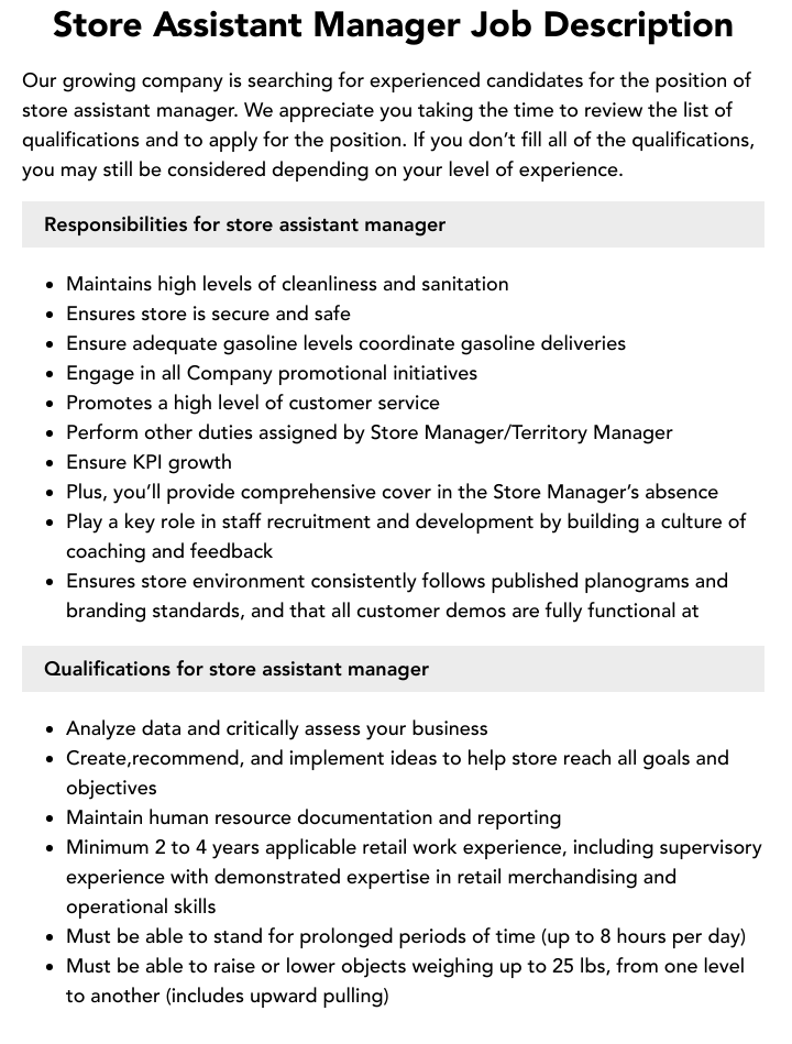Store Assistant Manager Job Description Velvet Jobs