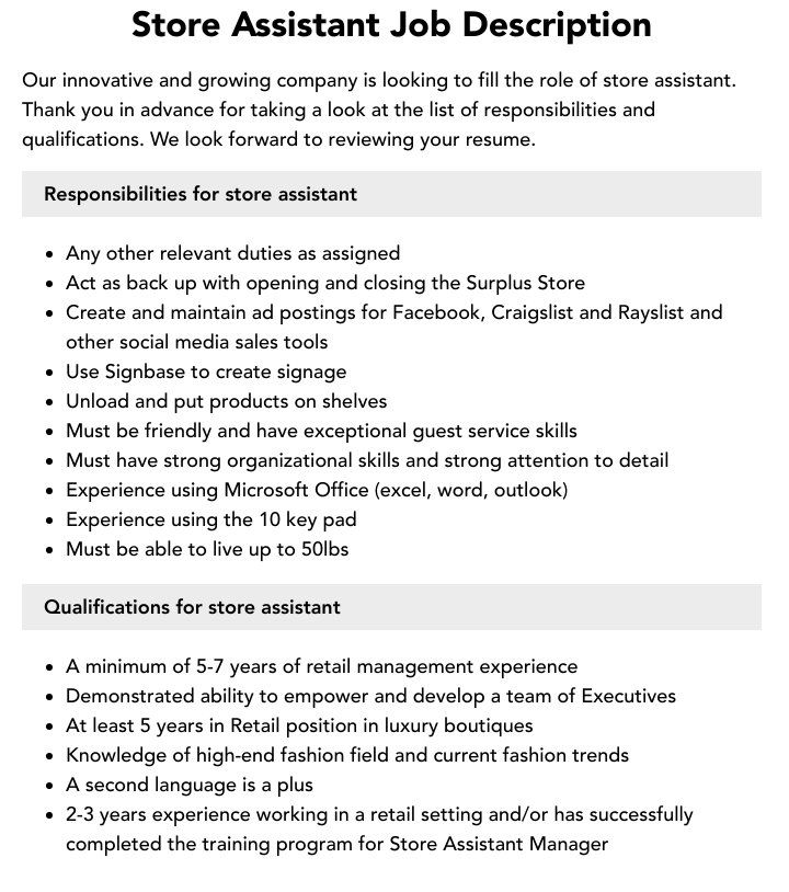Store Assistant Job Description Velvet Jobs
