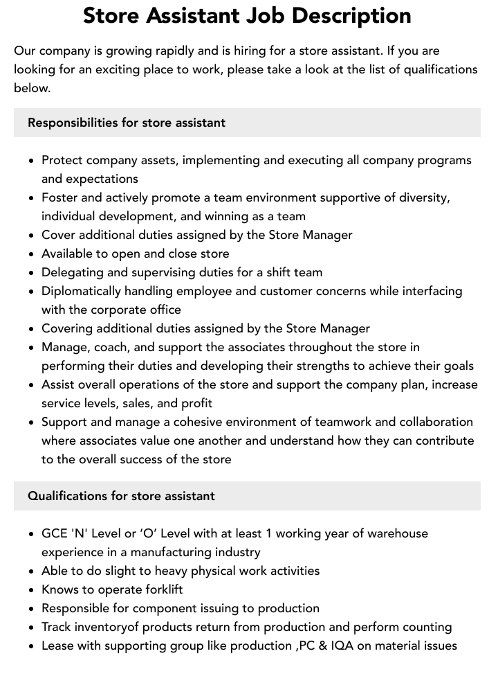 Store Assistant Job Description Velvet Jobs