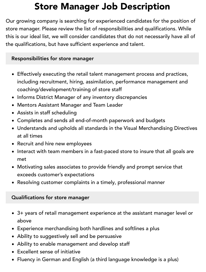 Store Manager Job Description Velvet Jobs