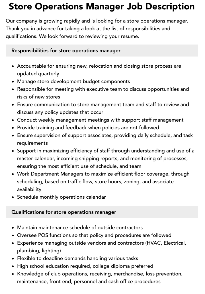  Store Operations Manager Job Description Velvet Jobs